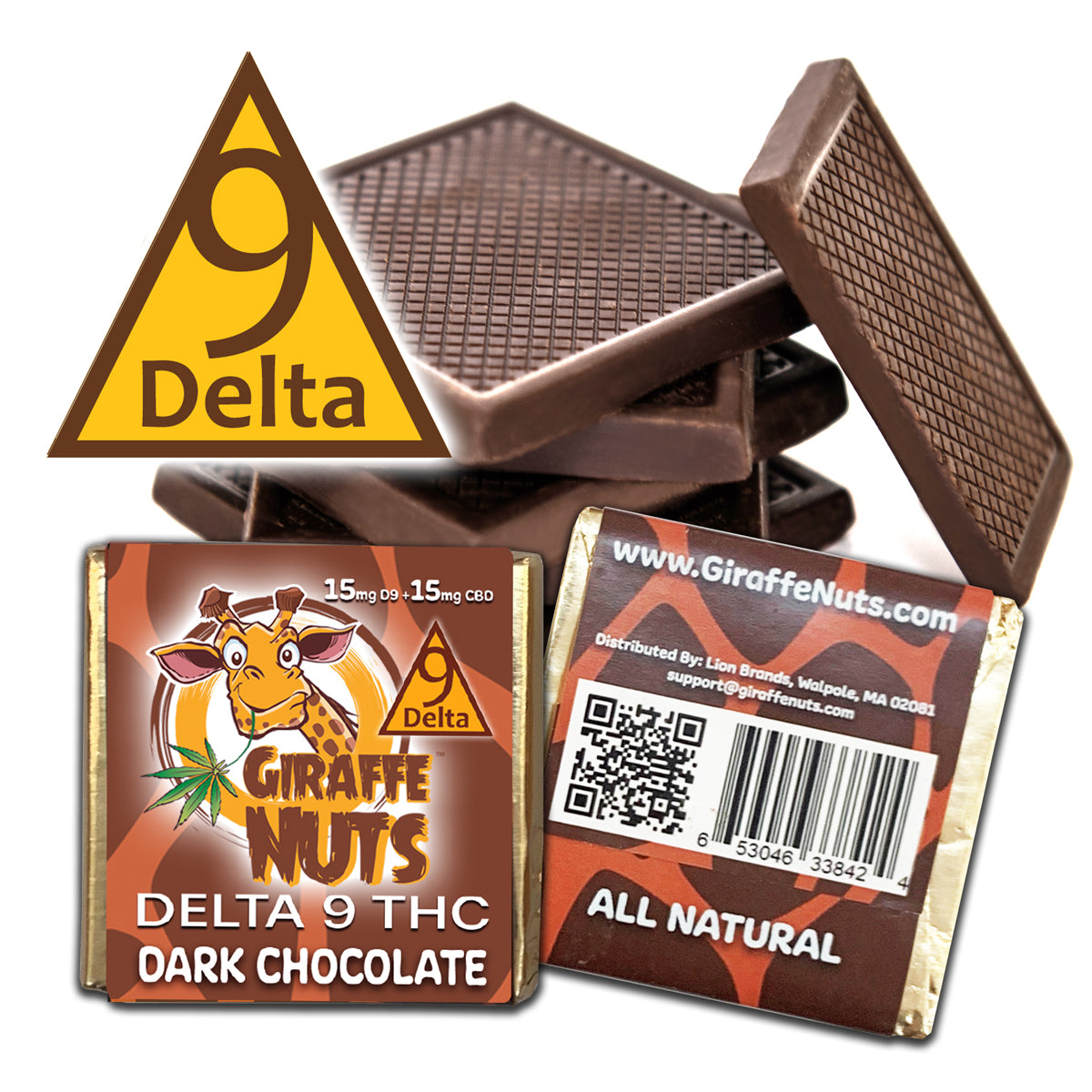 Δ DELTA 9 Dark Chocolate Squares – 15mg D9 THC + 15mg CBD Per Square – Giraffe Nuts