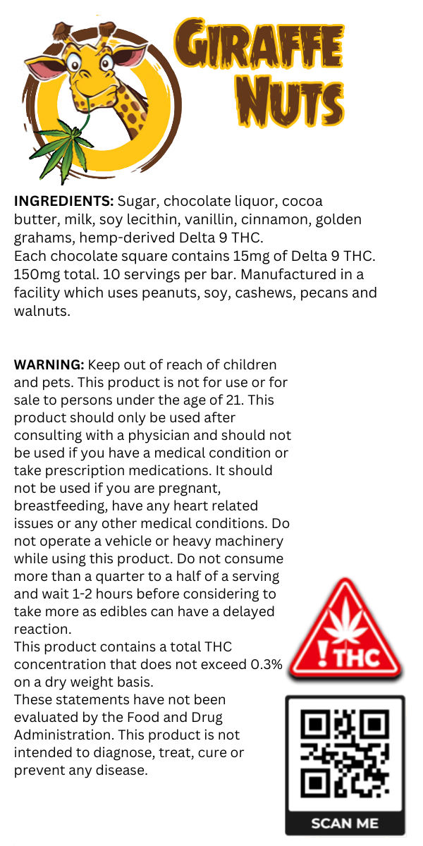 150mg Delta 9 THC Churro Milk Chocolate Bar – Giraffe Nuts